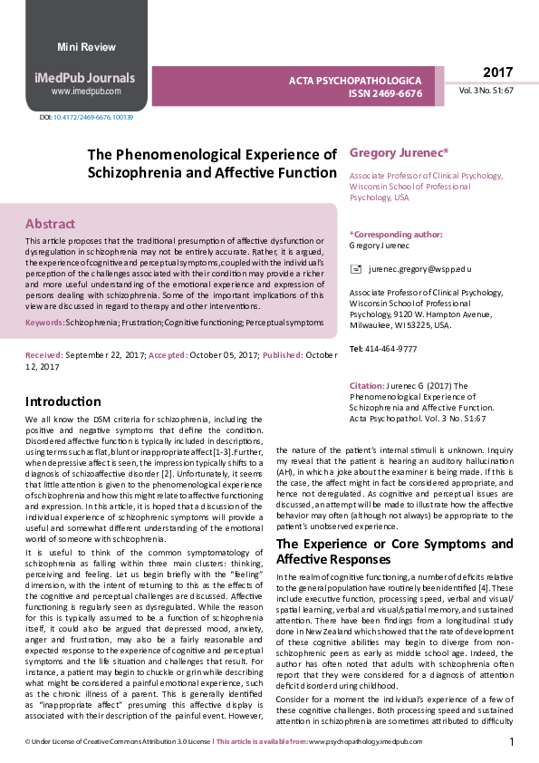 (PDF) The Phenomenological Experience of Schizophrenia and Affective ...