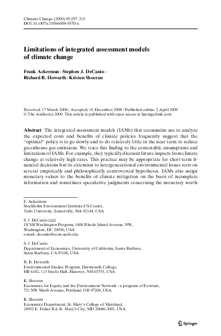 (PDF) Limitations of integrated assessment models of climate change