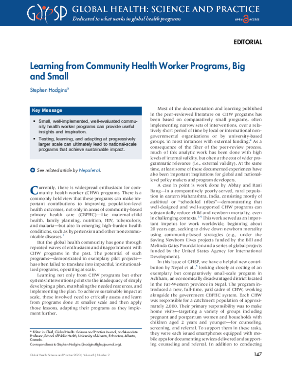 (PDF) Learning from Community Health Worker Programs, Big and Small