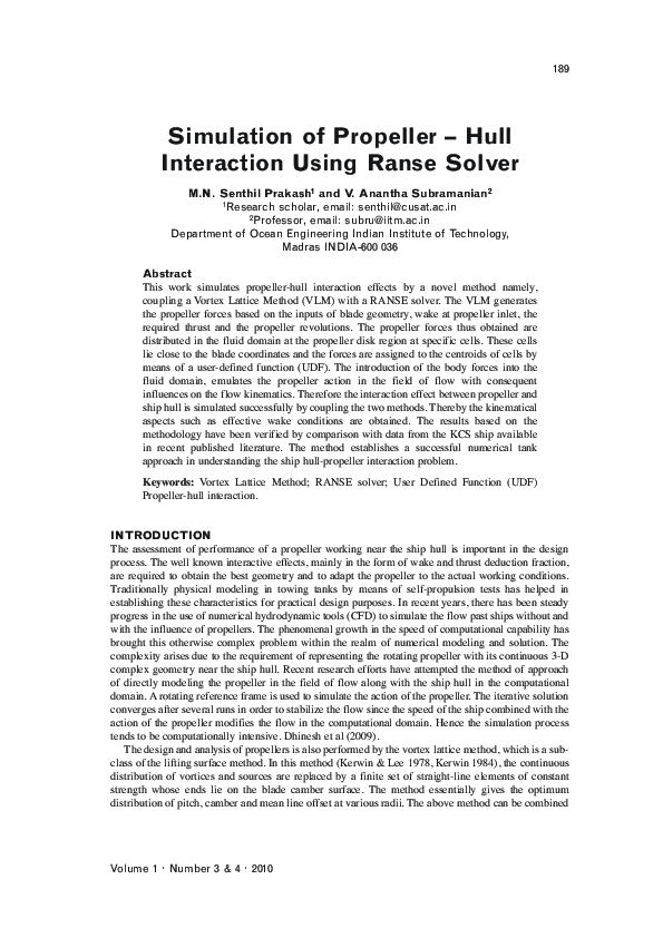 (PDF) Simulation of Propeller – Hull Interaction Using Ranse Solver