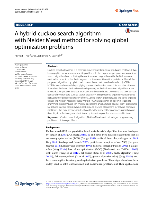 Pdf A Hybrid Cuckoo Search Algorithm With Nelder Mead Method For Solving Global Optimization 