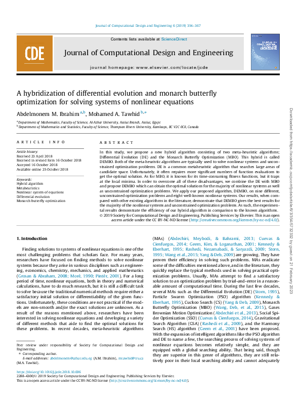 (PDF) A hybridization of differential evolution and monarch butterfly optimization for solving ...