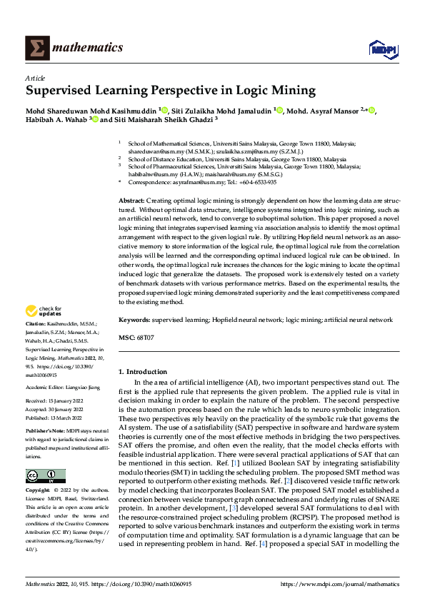 (PDF) Supervised Learning Perspective in Logic Mining