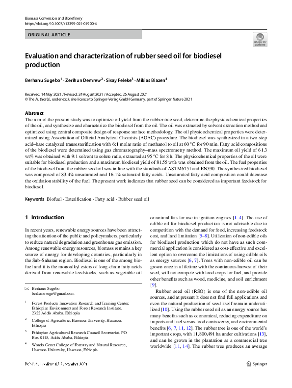 (PDF) Evaluation and characterization of rubber seed oil for biodiesel production