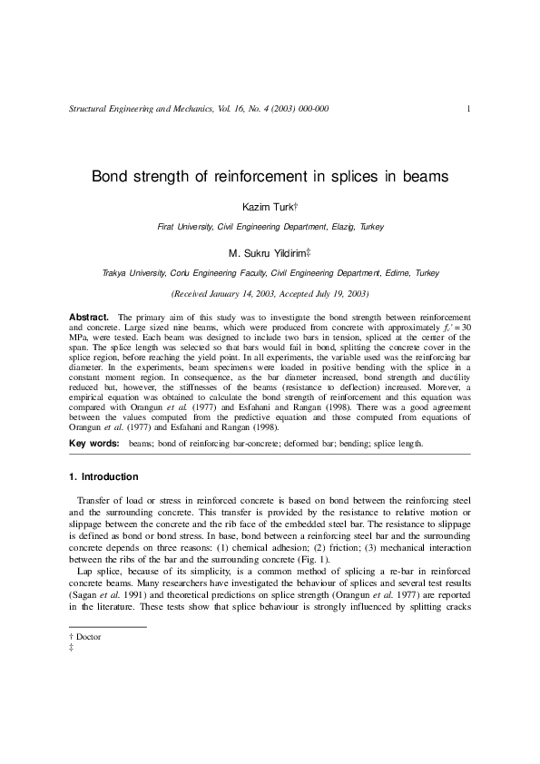 (PDF) Bond strength of reinforcement in splices in beams