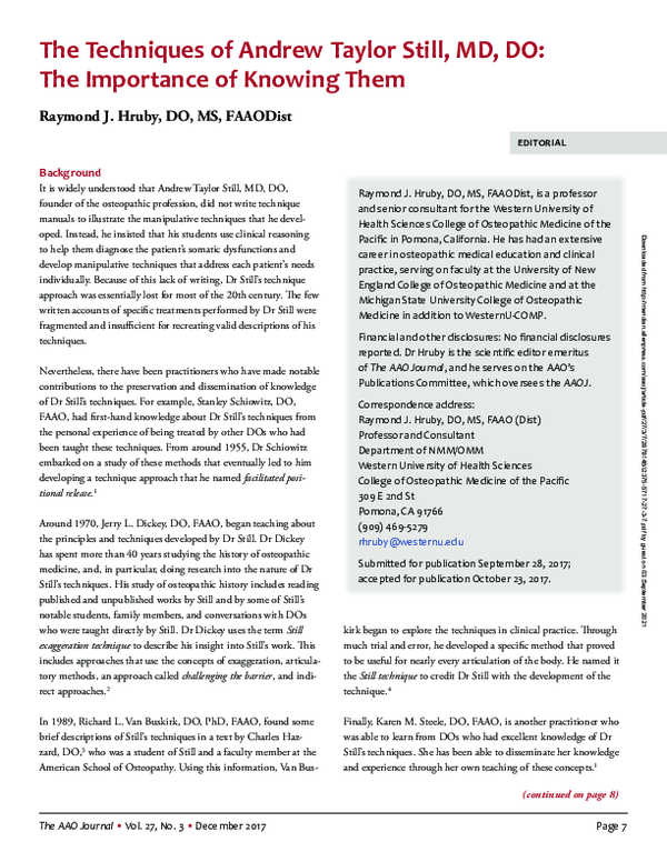 (PDF) The Techniques of Andrew Taylor Still, MD, DO: The Importance of ...