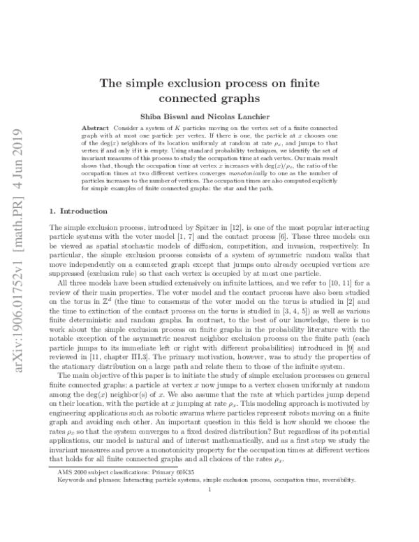 (PDF) The simple exclusion process on finite connected graphs