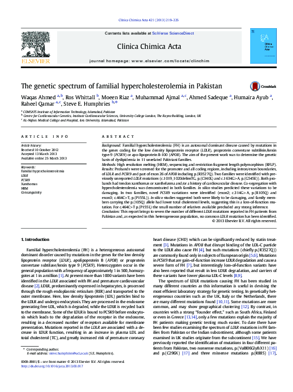 (PDF) The genetic spectrum of familial hypercholesterolemia in Pakistan