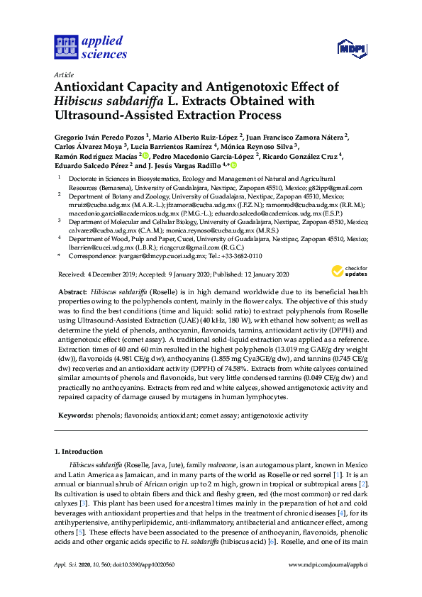 (PDF) Antioxidant Capacity and Antigenotoxic Effect of Hibiscus sabdariffa L. Extracts Obtained ...