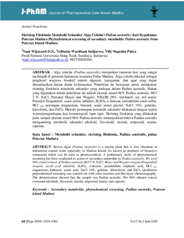 (PDF) Skrining Fitokimia Metabolit Sekunder Alga Cokelat (Padina ...