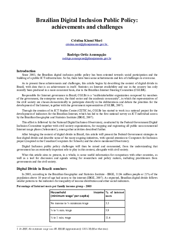 (PDF) Brazilian Digital Inclusion Public Policy: achievements and ...