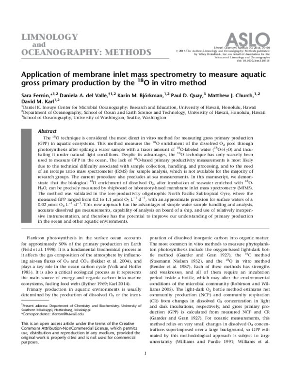 (PDF) Application of membrane inlet mass spectrometry to measure ...