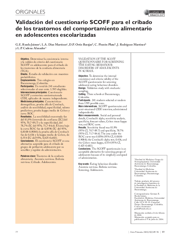 (PDF) Validación del cuestionario SCOFF para el cribado de los ...