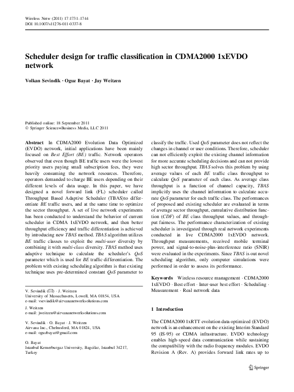 (PDF) Scheduler design for traffic classification in CDMA2000 1xEVDO network