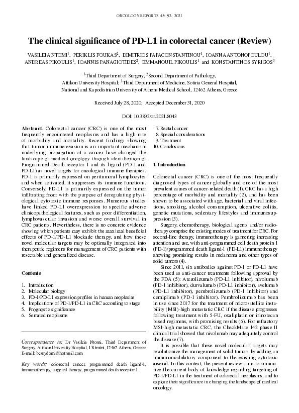 (PDF) The clinical significance of PD‑L1 in colorectal cancer (Review)