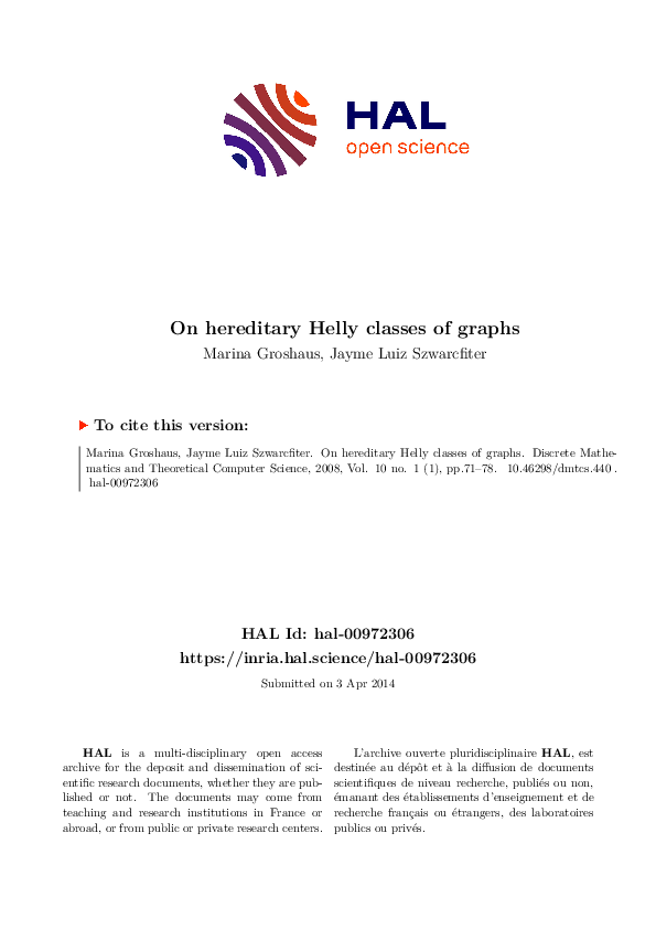 (PDF) On hereditary Helly classes of graphs