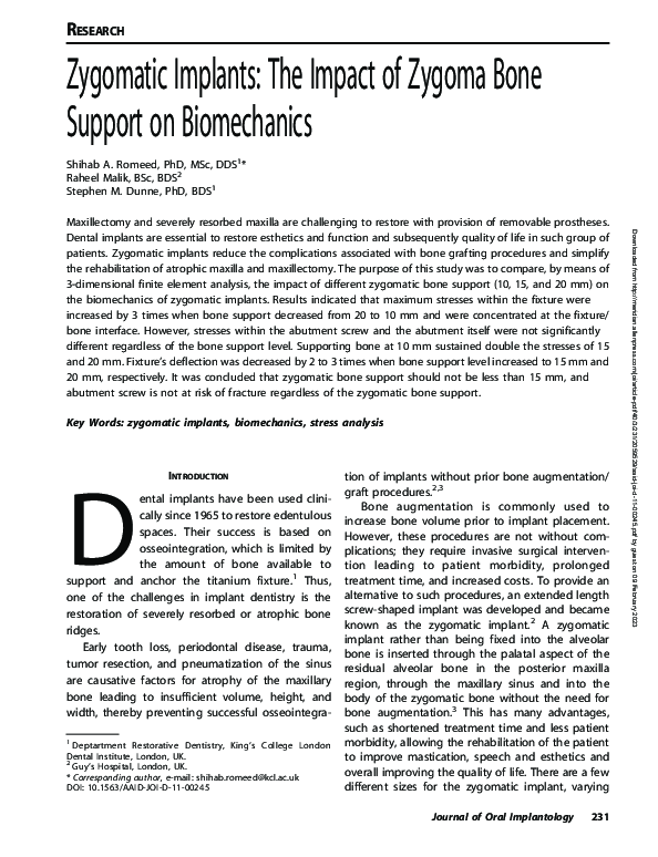 (PDF) Zygomatic Implants: The Impact of Zygoma Bone Support on Biomechanics