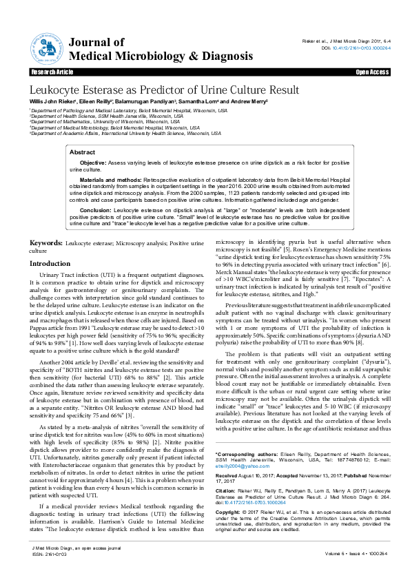 (PDF) Leukocyte Esterase as Predictor of Urine Culture Result