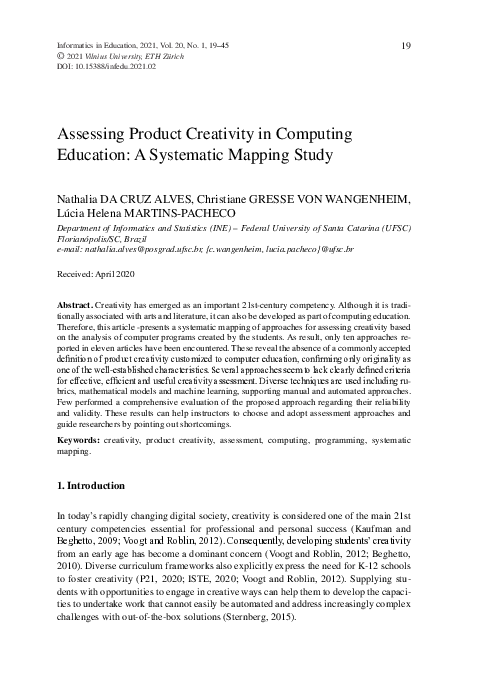 (PDF) Assessing Product Creativity in Computing Education: A Systematic Mapping Study