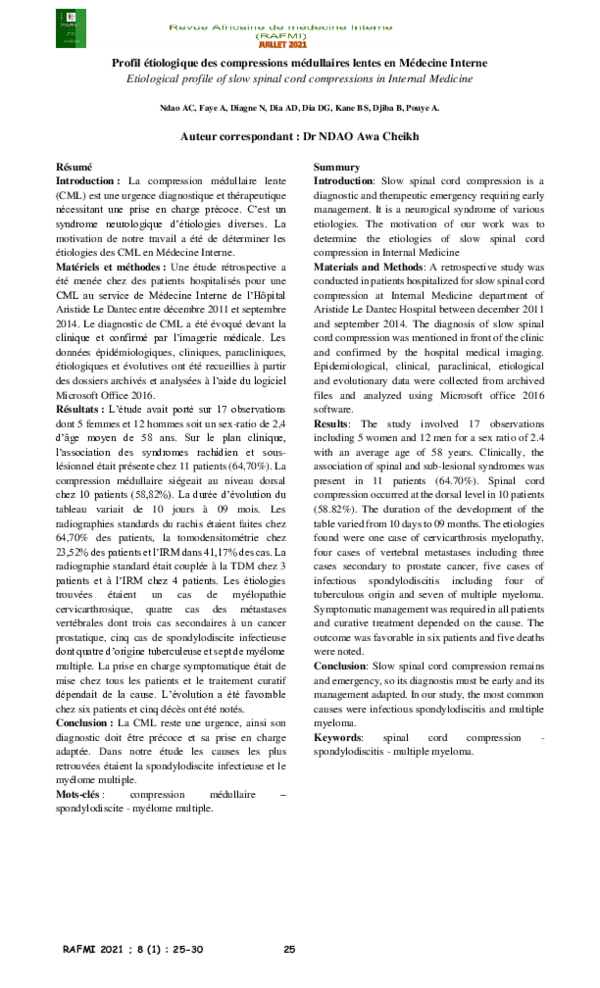 (PDF) Profil étiologique des compressions médullaires lentes en ...