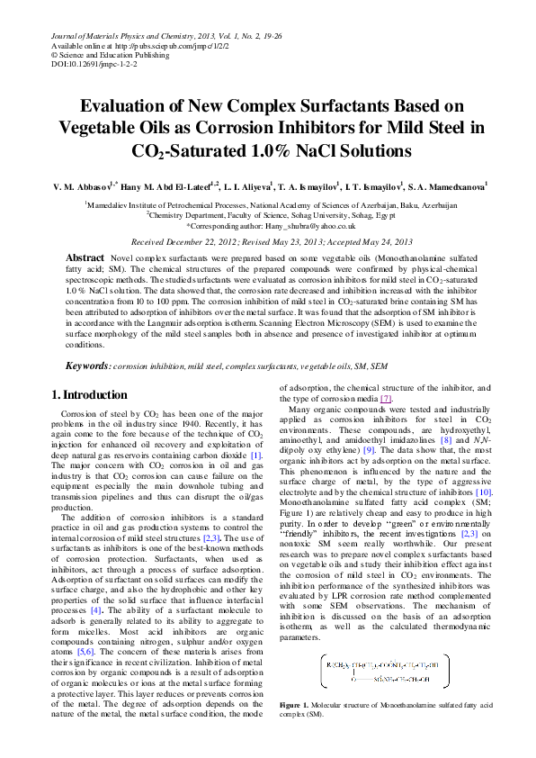 (PDF) Vegetable Oil Surfactants as Corrosion Inhibitors
