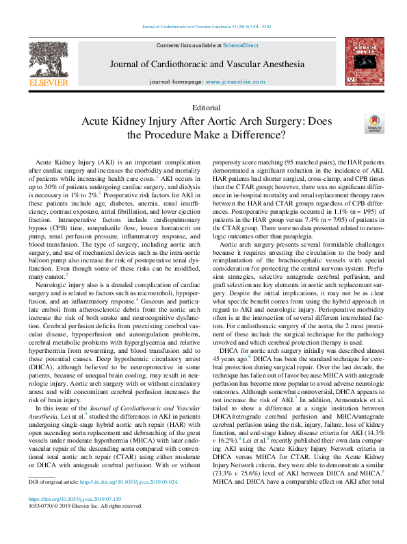 (PDF) Acute Kidney Injury following Aortic Arch Surgery: Does the ...