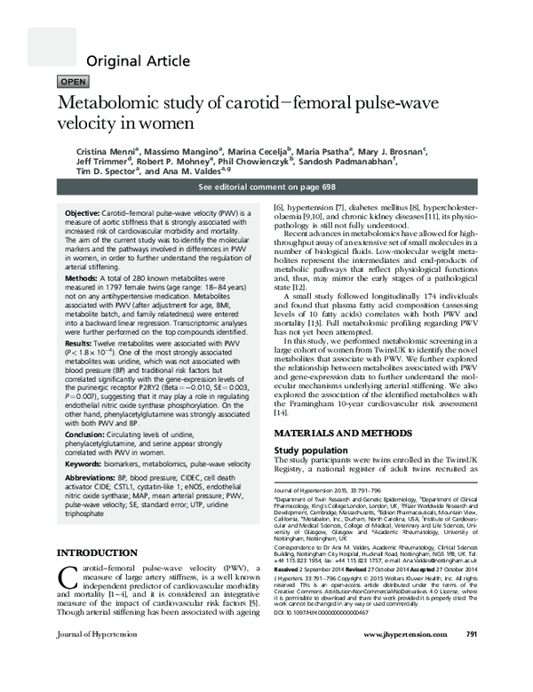 (PDF) Metabolomic study of carotid-femoral pulse-wave velocity in women