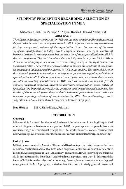(PDF) STUDENTS' PERCEPTION REGARDING SELECTION OF SPECIALIZATION IN MBA