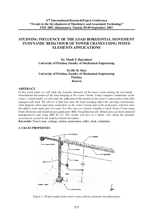 (PDF) Studying Influence of the Load Horizontal Movement in Dynamic Behaviour of Tower Cranes ...
