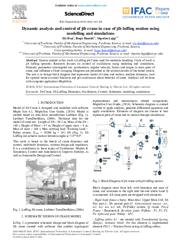 (PDF) Dynamic analysis and control of jib crane in case of jib luffing motion using modelling ...