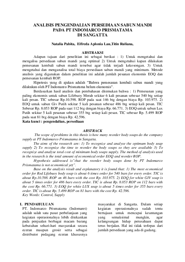 (PDF) Analisis Pengendalian Persediaan Sabun Mandi Pada PT Indomarco Prismatama DI Sangatta