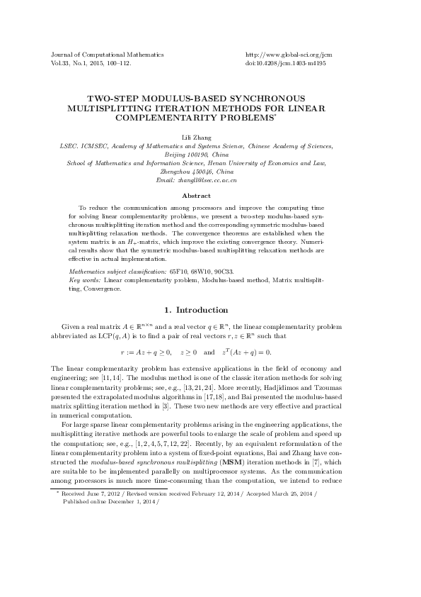 (PDF) Two-Step Modulus-Based Synchronous Multisplitting Iteration Methods for Nonlinear ...