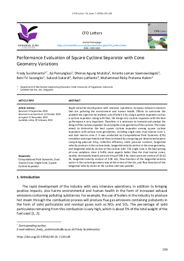 (PDF) Performance Evaluation of Square Cyclone Separator with Cone Geometry Variations