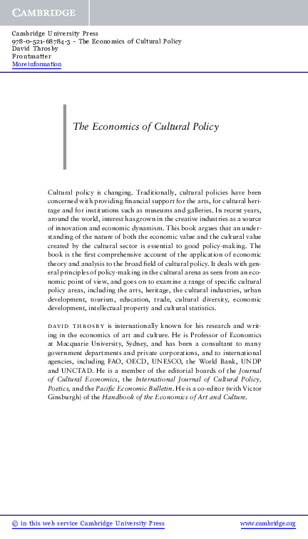 (PDF) The Economics of Cultural Policy