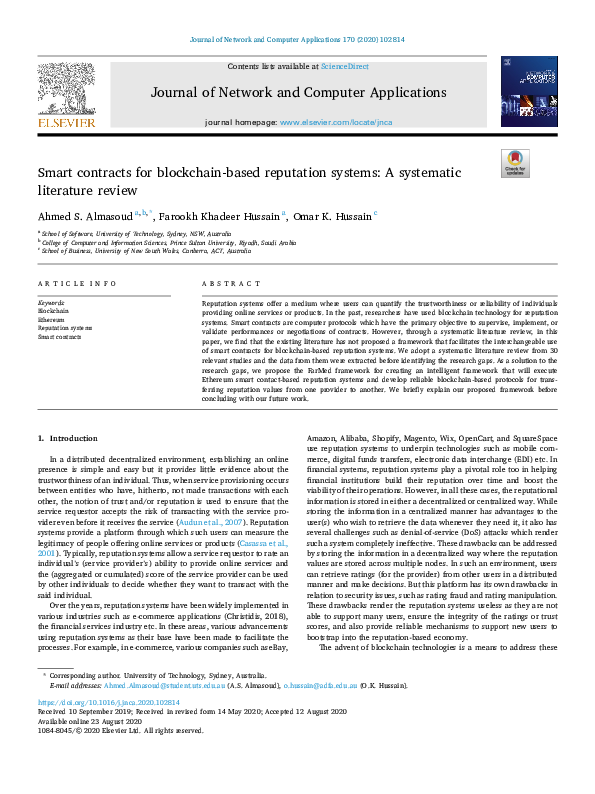 (PDF) Smart contracts for blockchain-based reputation systems: A systematic literature review