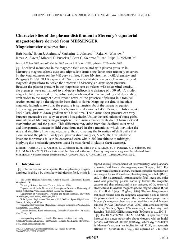 (PDF) Characteristics of the plasma distribution in Mercury's ...