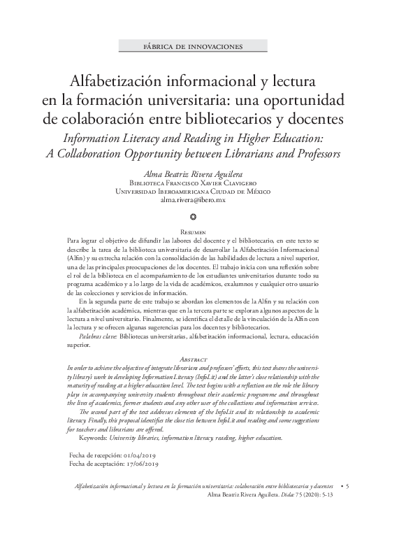 (PDF) Alfabetización informacional y lectura en la formación universitaria