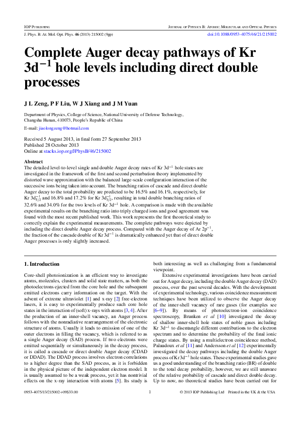 (PDF) Complete Auger decay pathways of Kr 3d−1hole levels including direct double processes ...