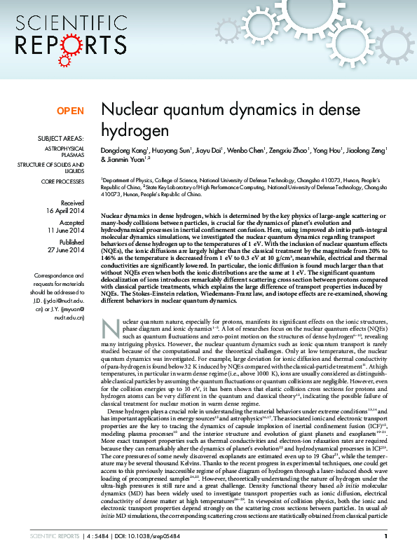 (PDF) Nuclear quantum dynamics in dense hydrogen