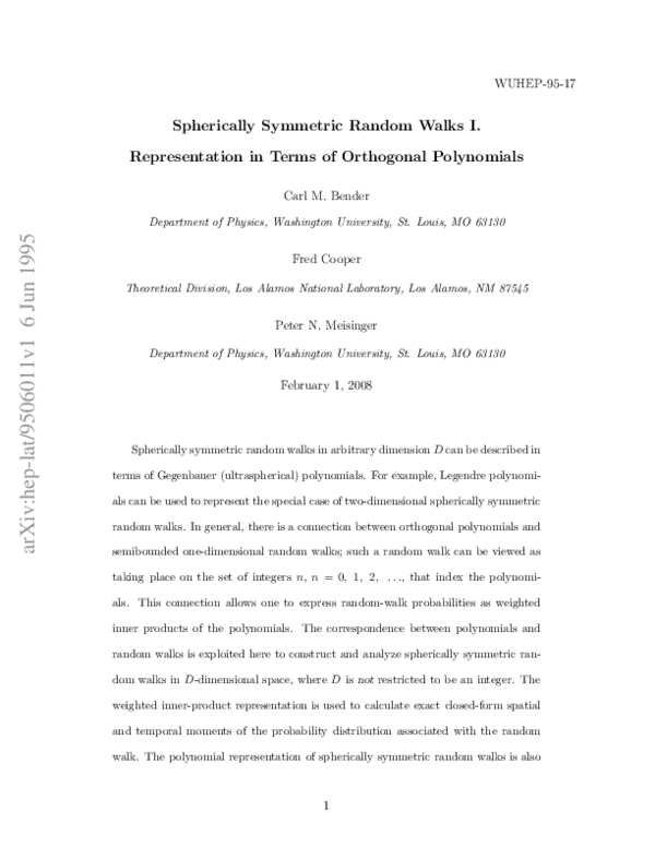 (PDF) Spherically symmetric random walks. I. Representation in terms of orthogonal polynomials