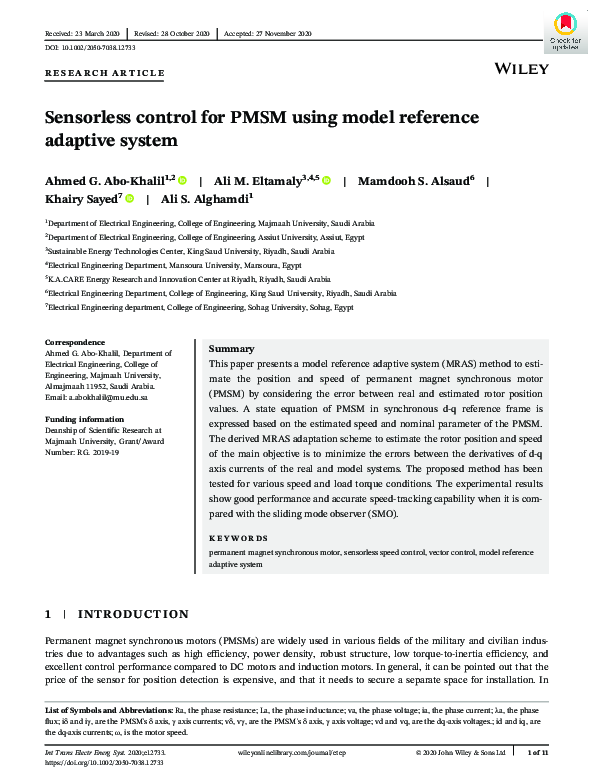 (PDF) Sensorless control for PMSM using model reference adaptive system