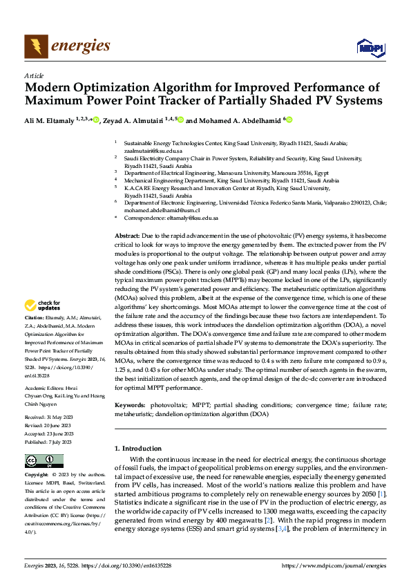 Pdf Modern Optimization Algorithm For Improved Performance Of Maximum Power Point Tracker Of
