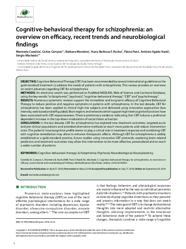 (PDF) Cognitive-behavioral therapy for schizophrenia: an overview on efficacy, recent trends and ...