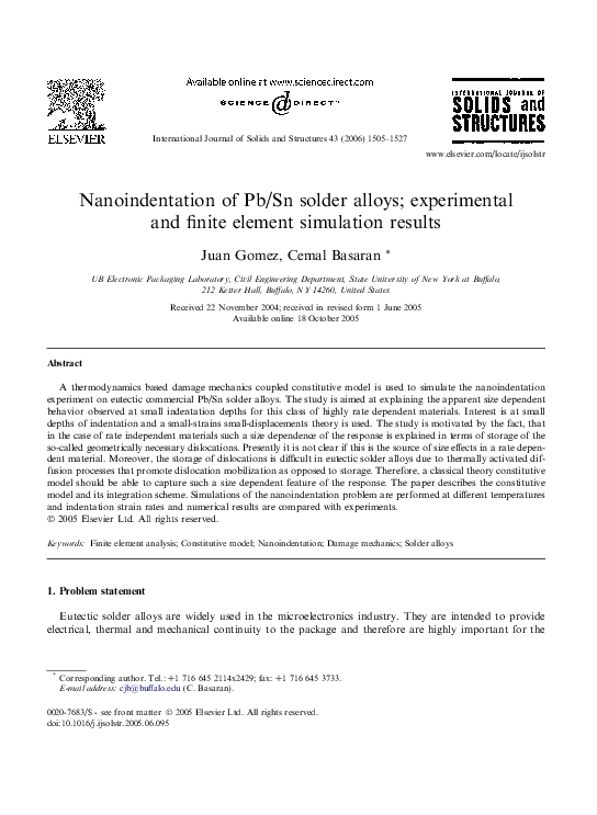(PDF) Nanoindentation of Pb/Sn solder alloys; experimental and finite element simulation results