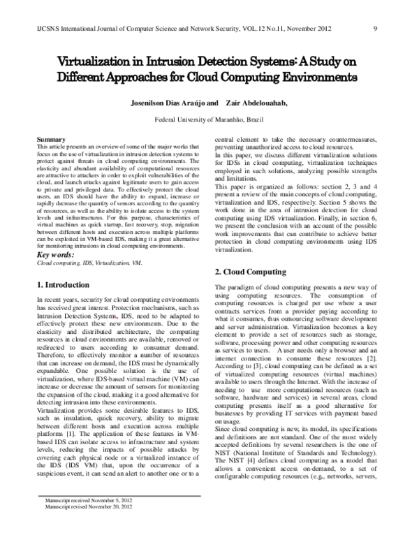 (PDF) Virtualization in Intrusion Detection Systems: A Study on Different Approaches for Cloud ...