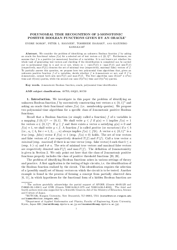 Pdf Polynomial Time Recognition Of 2 Monotonic Positive Boolean Functions Given By An Oracle 2176