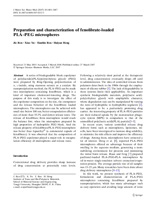 Preparation and characterization of fenofibrate-loaded PLA–PEG microspheres