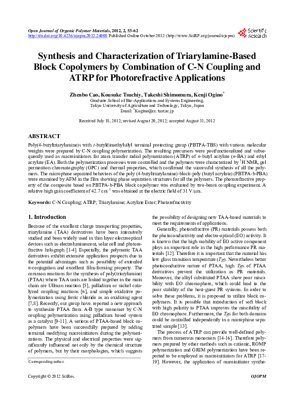(PDF) Synthesis and Characterization of Triarylamine-Based Block Copolymers by Combination of C ...
