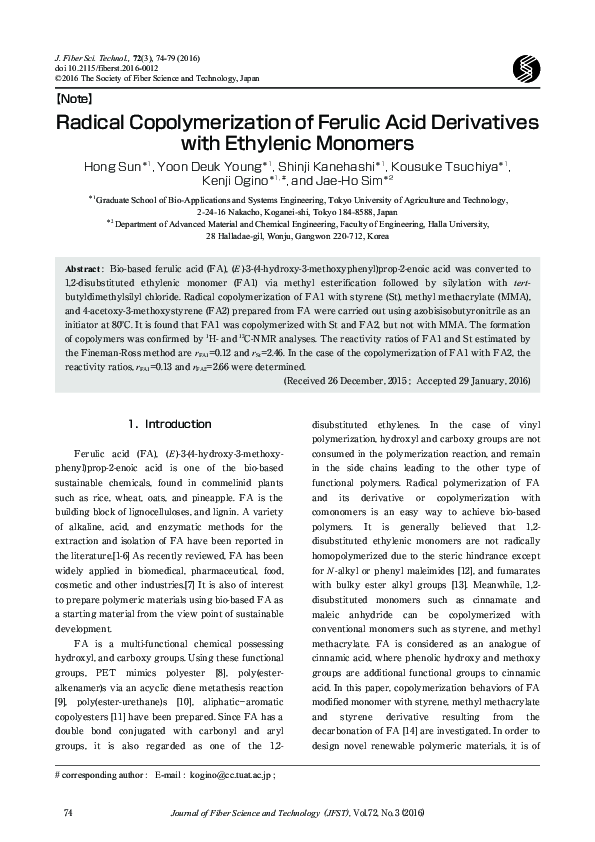 (PDF) Radical Copolymerization of Ferulic Acid Derivatives with Ethylenic Monomers | Kenji OGINO ...