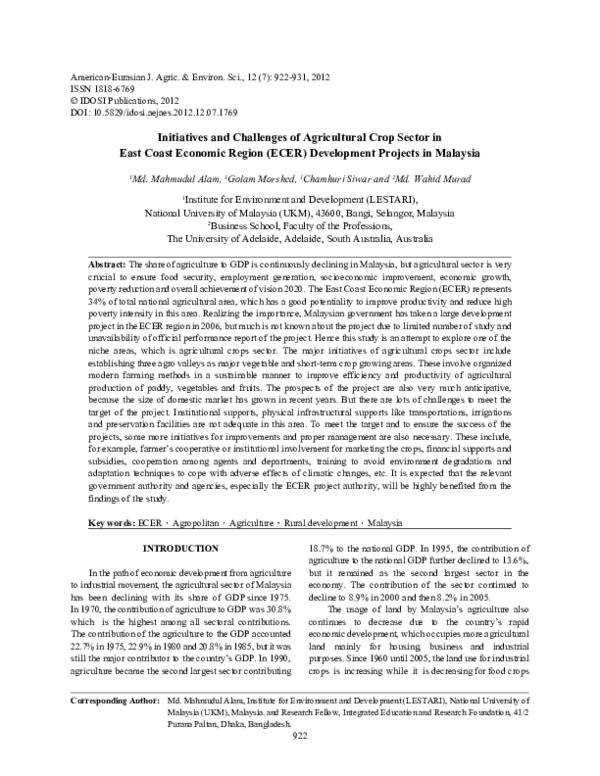 (PDF) Initiatives and Challenges of Agricultural Crop Sector in East ...